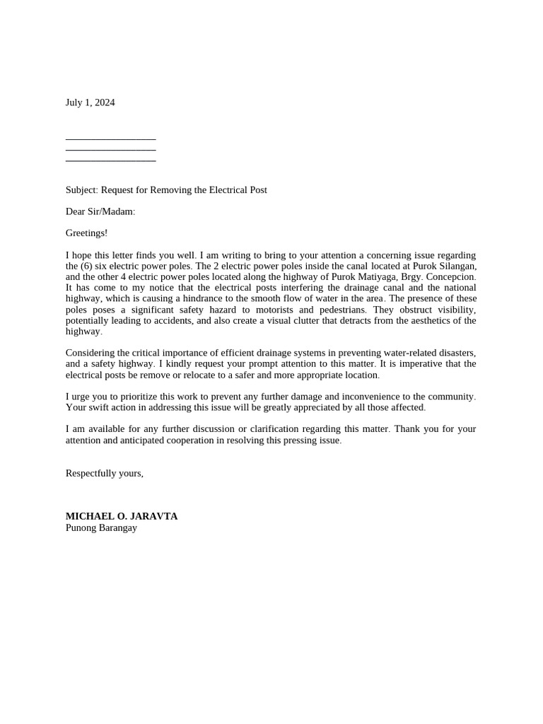 Electrical Post Removing Request | PDF