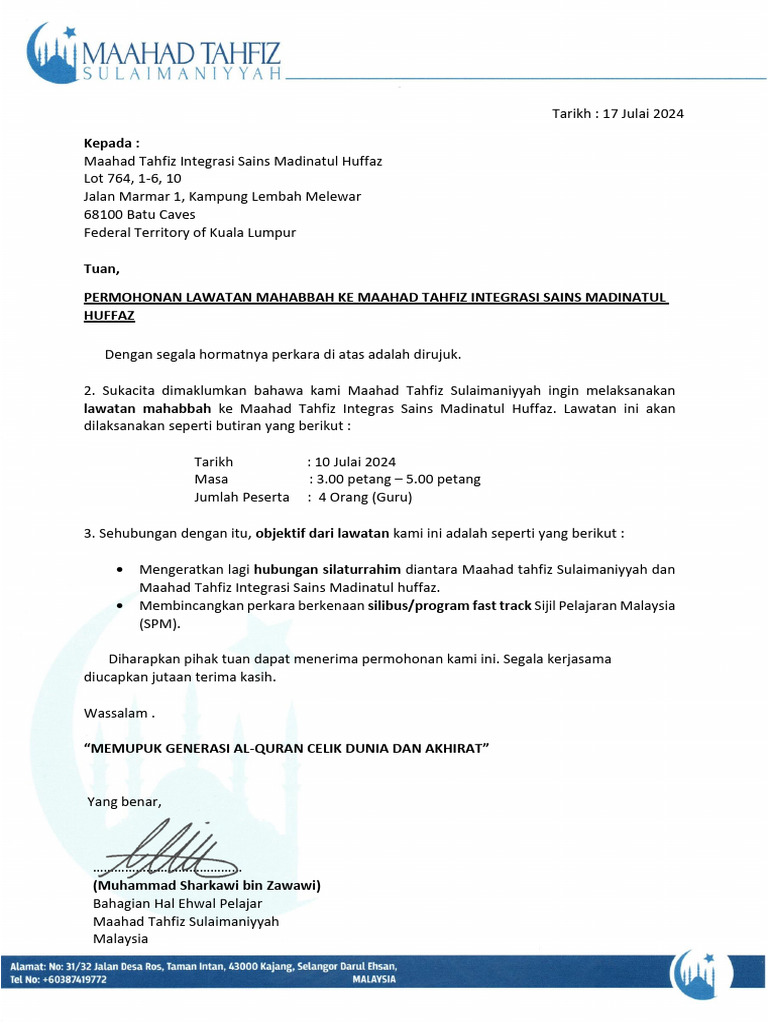 Surat Permohonan Lawatan Ke Maahad Tahfiz Integrasi Sains Madinatul ...
