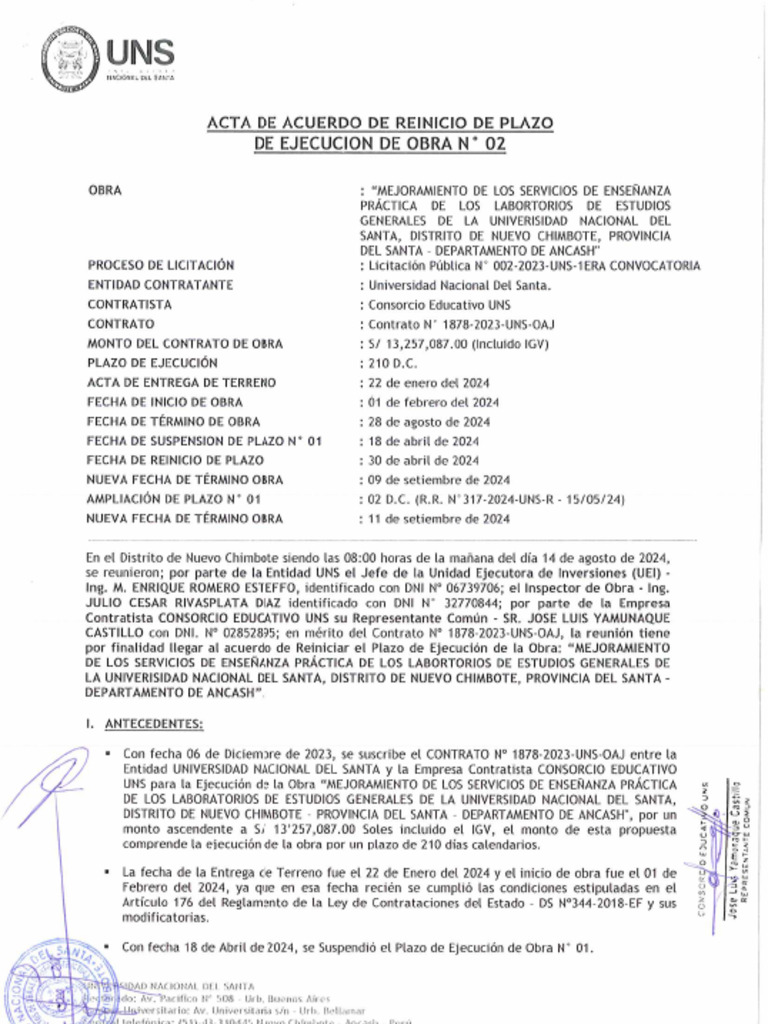 Acta de Acuerdo de Reinicio de Plazo de Ejecución de Obra N°02 | PDF