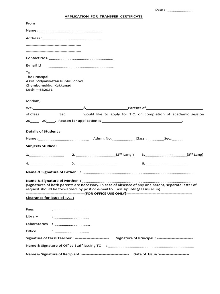 Transfer Certificate Request Form | PDF | Career & Growth