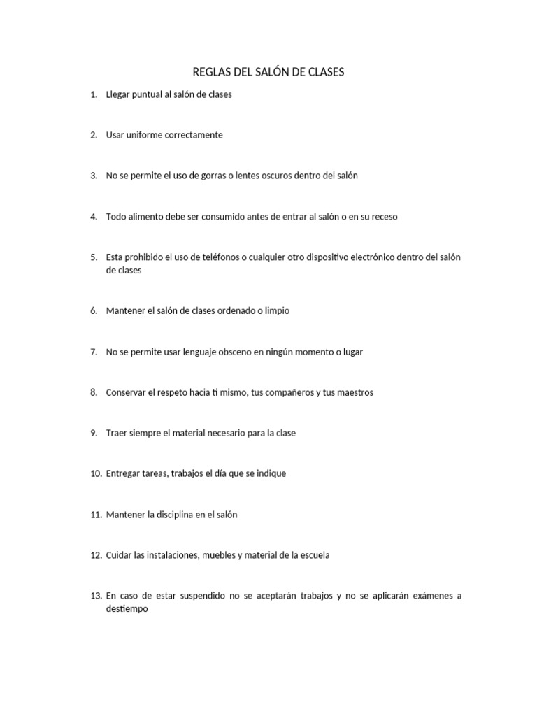 Reglas Del Salón de Clases | PDF