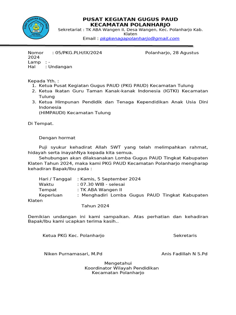 Undangan Lomba Gugus PAUD 2024-1 | PDF