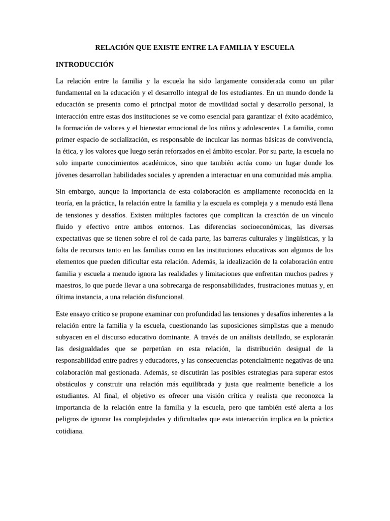 Ensayo Relación Que Existe Entre La Familia y Escuela | PDF