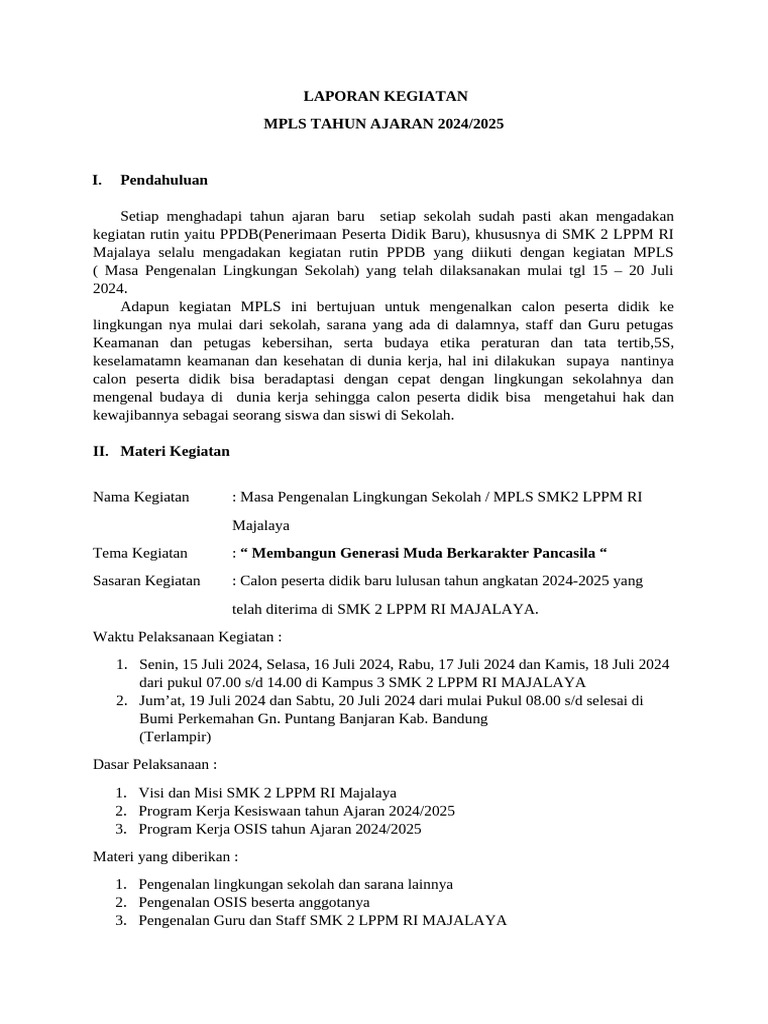 Laporan Kegiatan Mpls 2024 | PDF