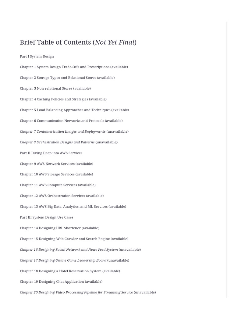 00 Brief Table of Contents (Not Yet Final) - System Design On AWS | PDF
