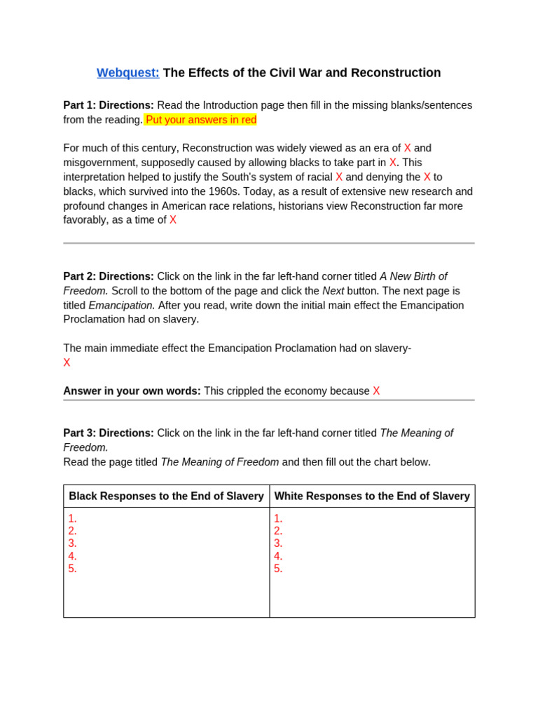 Webquest - The Effects of The Civil War and Reconstruction | PDF ...