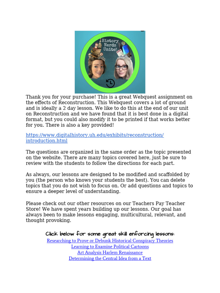 Answer Key-Webquest - The Effects of The Civil War and Reconstruction ...