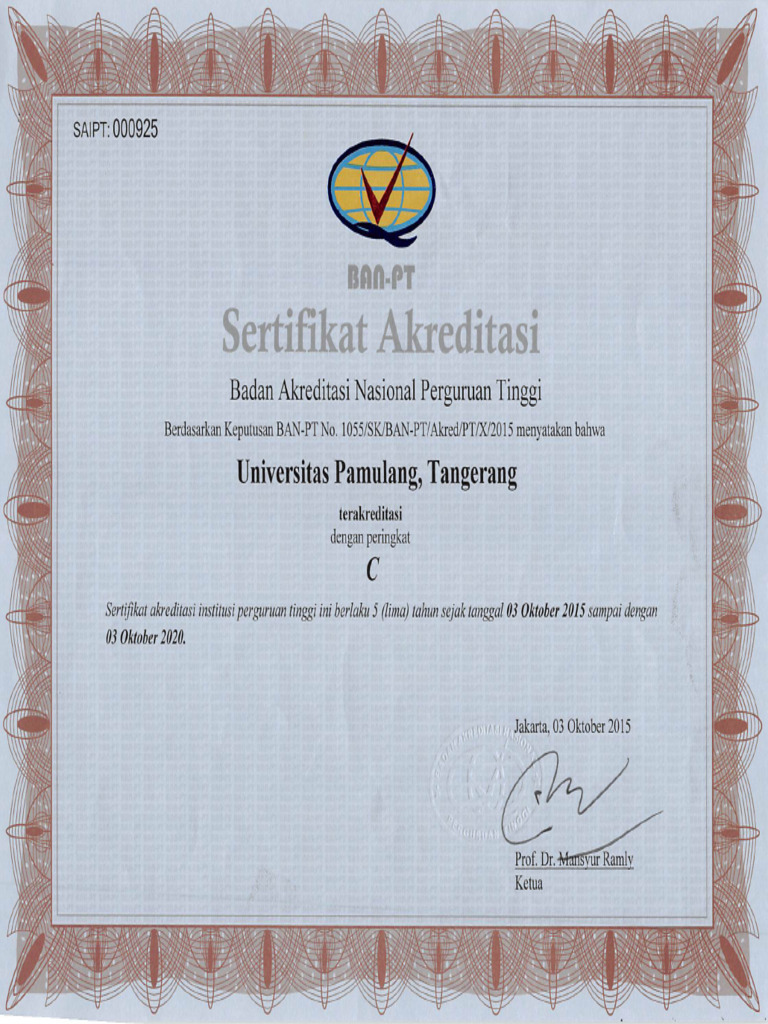 Sertifikat Akreditasi UNPAM | PDF