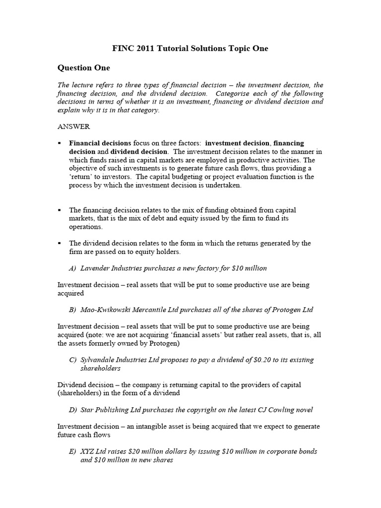 + Topic 1 FINC 2011 Tutorial Solutions | PDF + Topic 1 FINC 2011 Tutorial Solutions | PDF