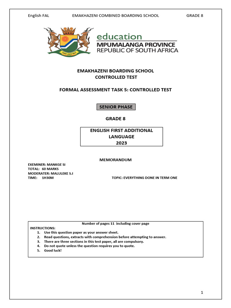 Grade 8 June Exam English Memo | PDF