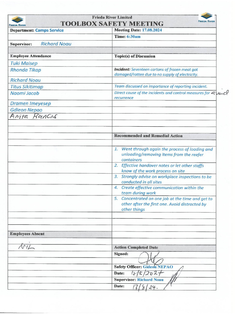 Daily Toolbox Meeting - Camp Service For Incident Discussion (Frozen ...