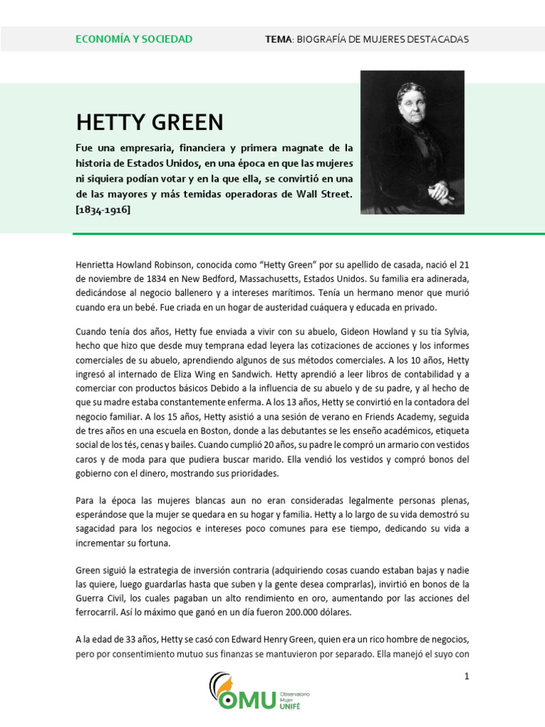 Biografia Hetty Green 1834 1916 Empresaria Financiera y Primera Magnate ...