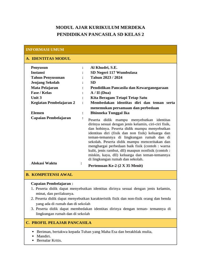 MODUL AJAR KUMER Kelas 2 SD | PDF