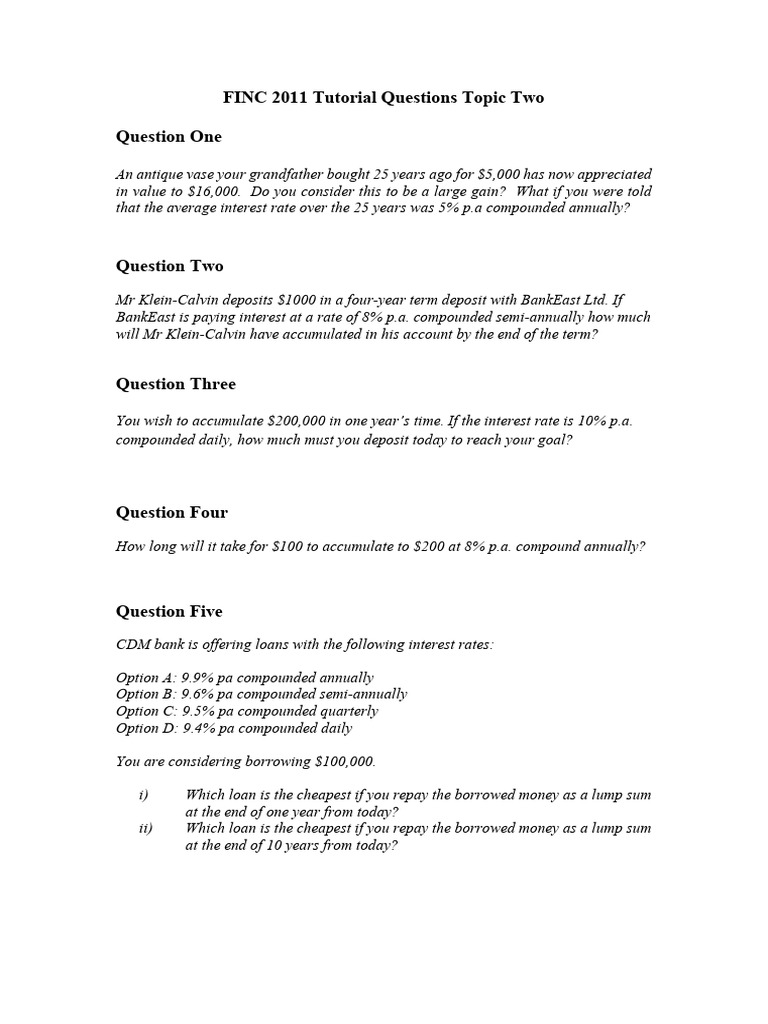 + Topic 2 FINC 2011 Tutorial Questions | PDF