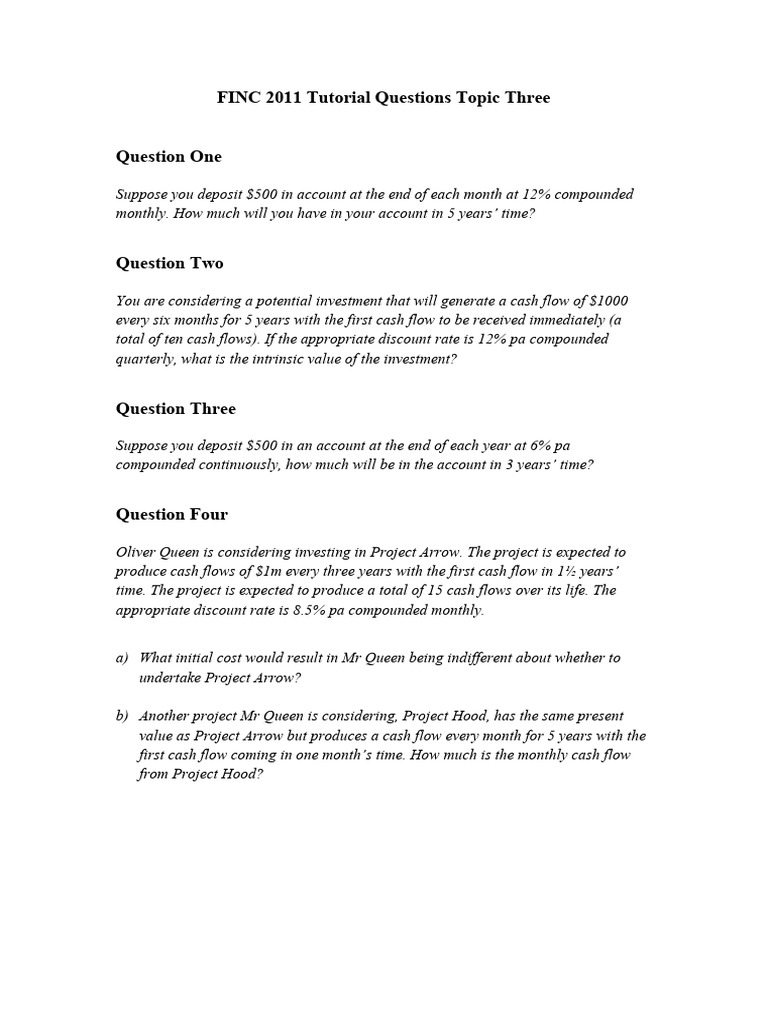 + Topic 3 FINC 2011 Tutorial Questions | PDF