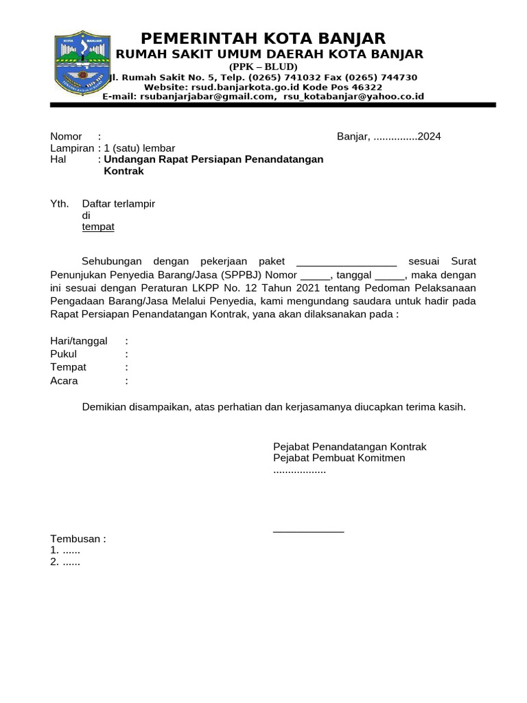 Surat Undangan Rapat Persiapan Penandatangan Kontrak | PDF