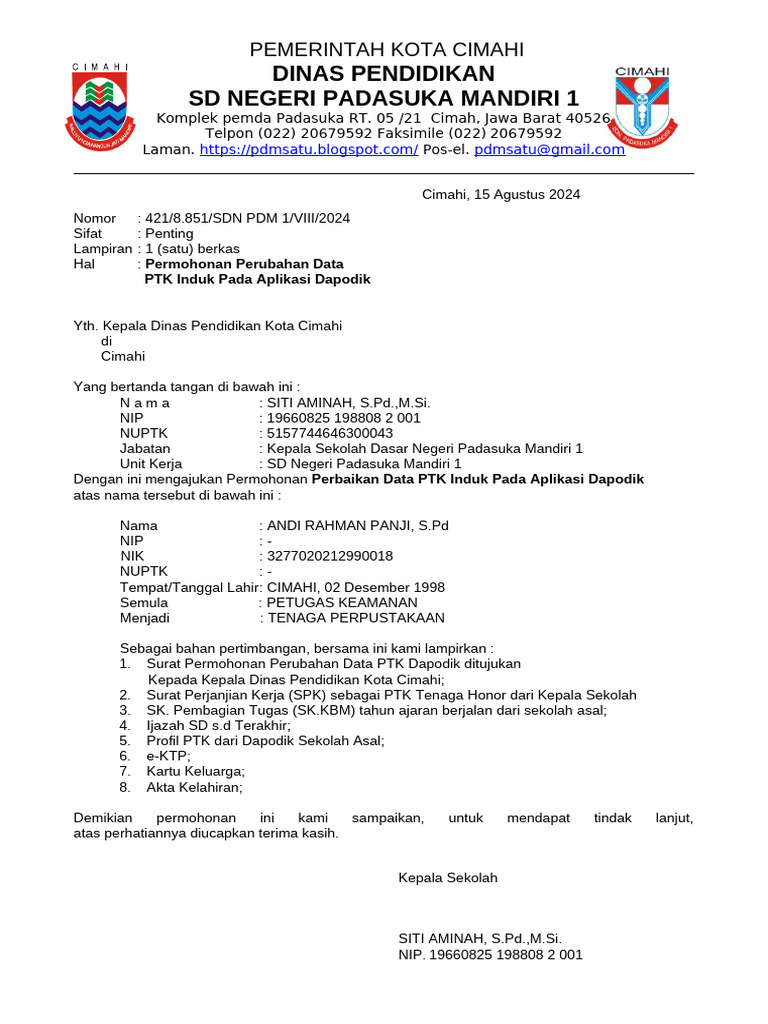 Contoh Surat Ajuan Perubahan Data PTK | PDF
