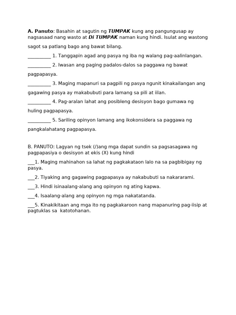 Esp 6 Q1 W2 Quiz | PDF