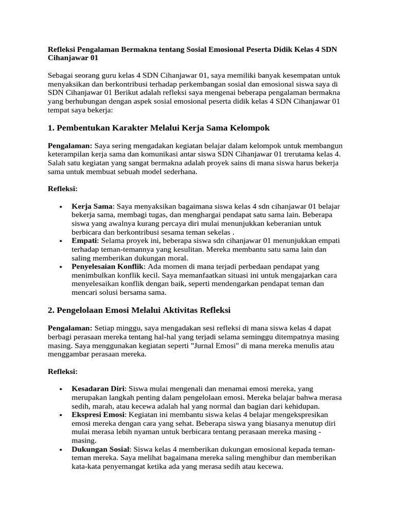 Refleksi Pengalaman Bermakna Tentang Sosial Emosional Peserta Didik Kelas 4 | PDF