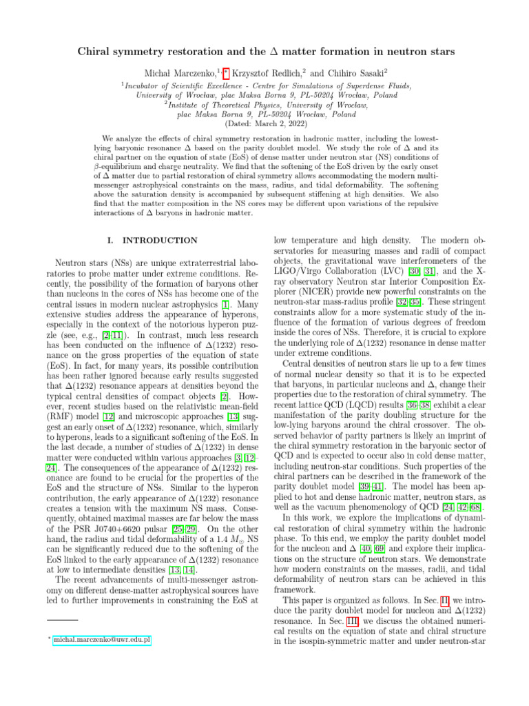Chiral symmetry restoration and the Δ matter formation in neutron stars | PDF