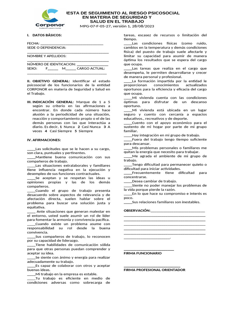 MPG-07-F-05-27 Encuesta Seguimiento Riesgo Psicosocial v1 2023 | PDF