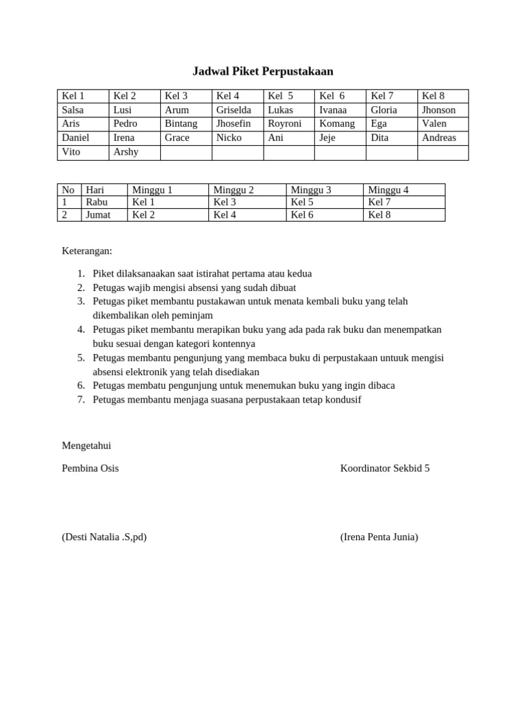 Jadwal Piket Perpustakaan | PDF