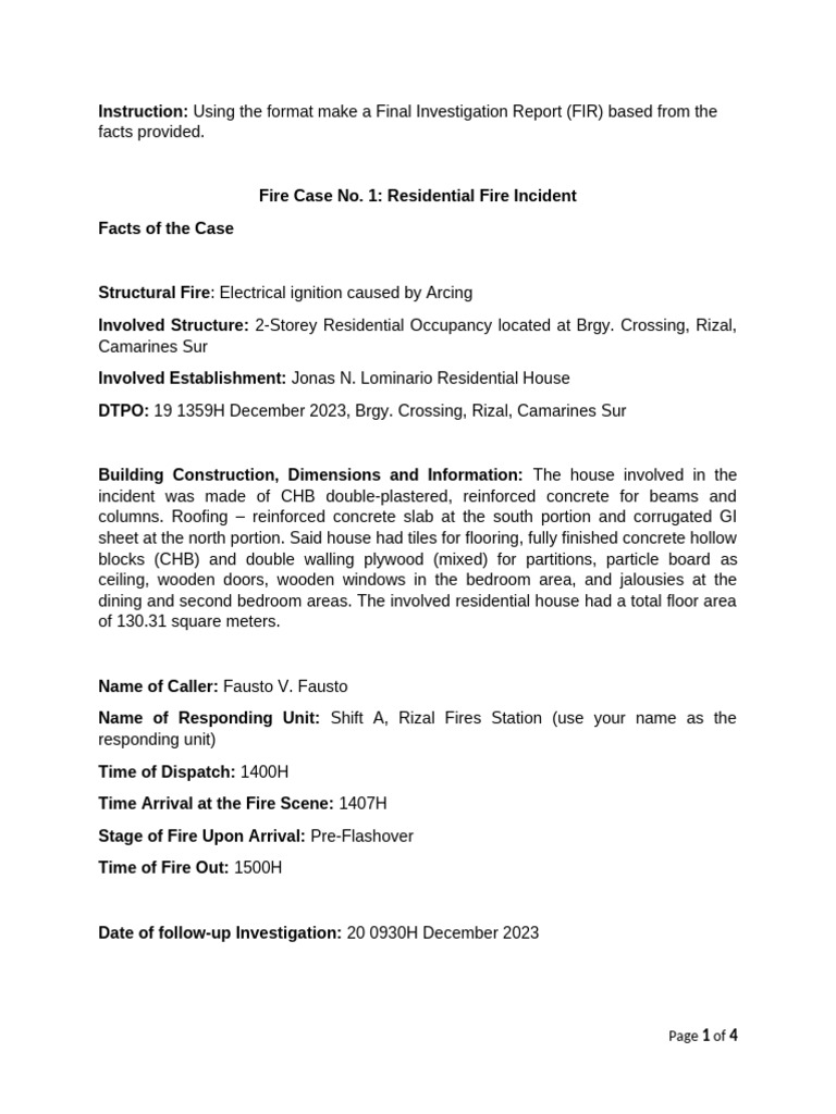 FIR Fire Case No. 1 Residential Fire Incident | PDF FIR Fire Case No. 1 Residential Fire Incident | PDF