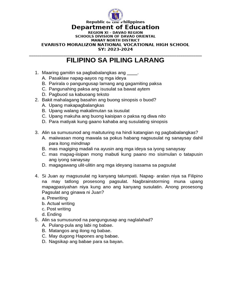 Aptitude Test - FILIPINO SHS | PDF