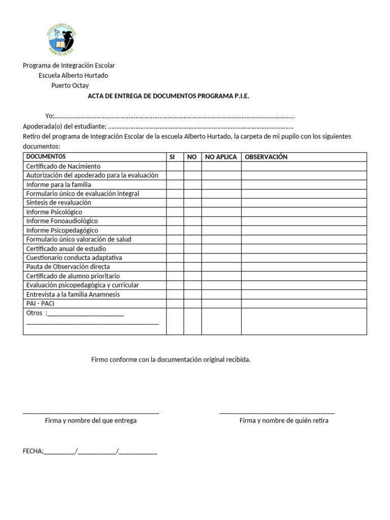 ACTA DE DOCUMENTOS PIE | PDF