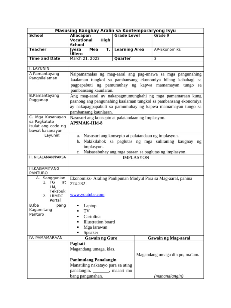 AP9_IMPLASYON Lesson Plan | PDF AP9_IMPLASYON Lesson Plan | PDF