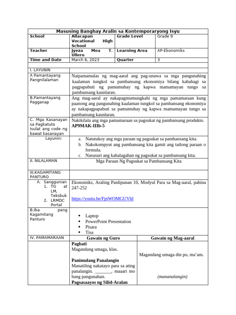Ap9 - Pagkompyut NG Pambansang Kita - LP | PDF