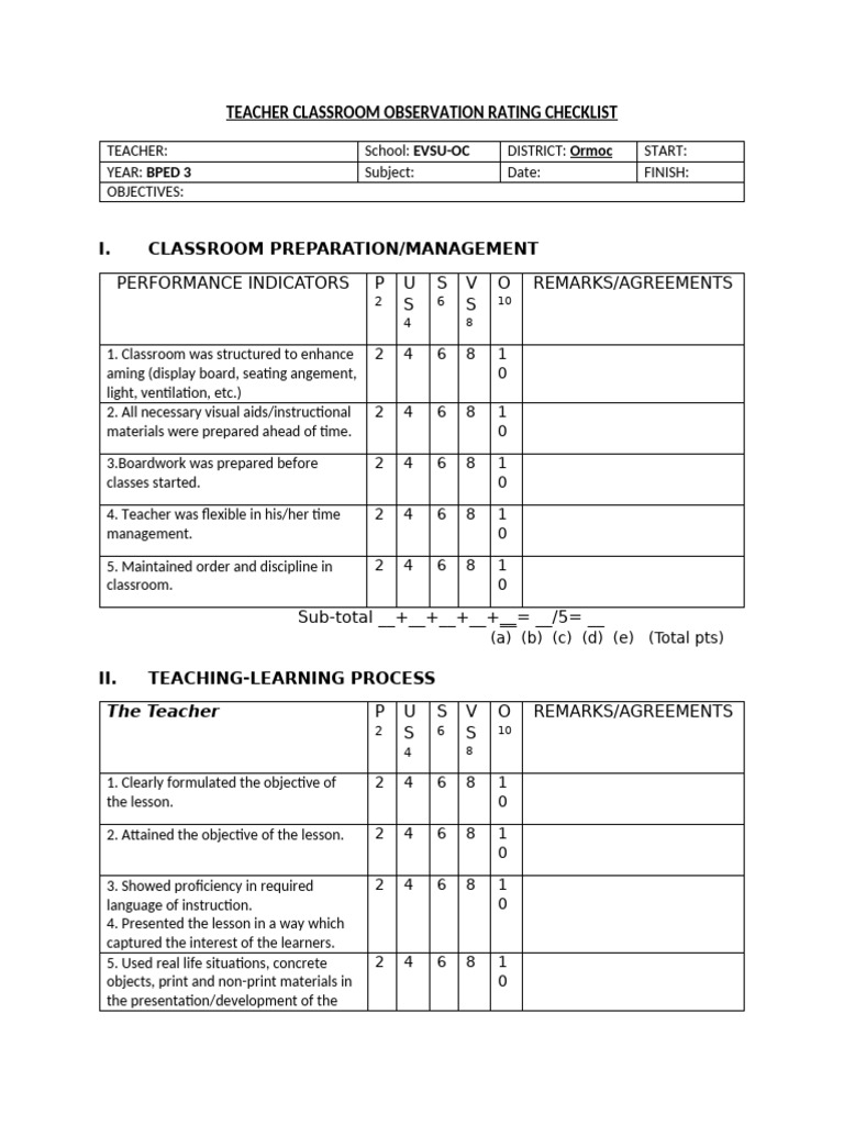 Teacher Classroom Observation Rating Checklist | PDF