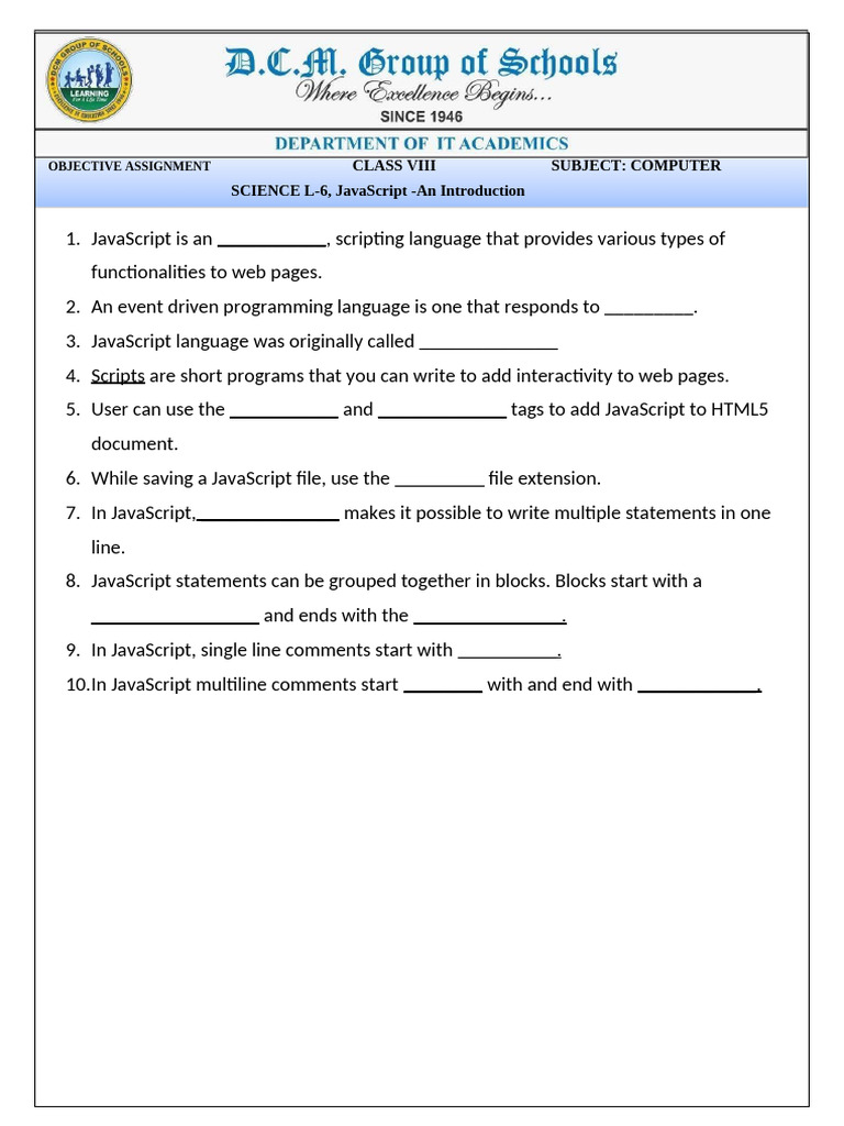 It Viii L-6 Objective Assignment Javascript-An Introduction | PDF