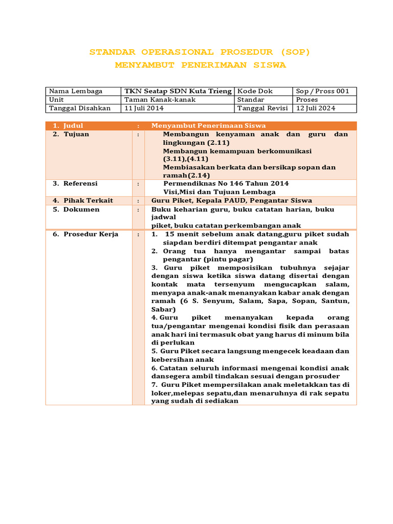 Sop Penerimaan Siswa TKN Kuta Trieng | PDF