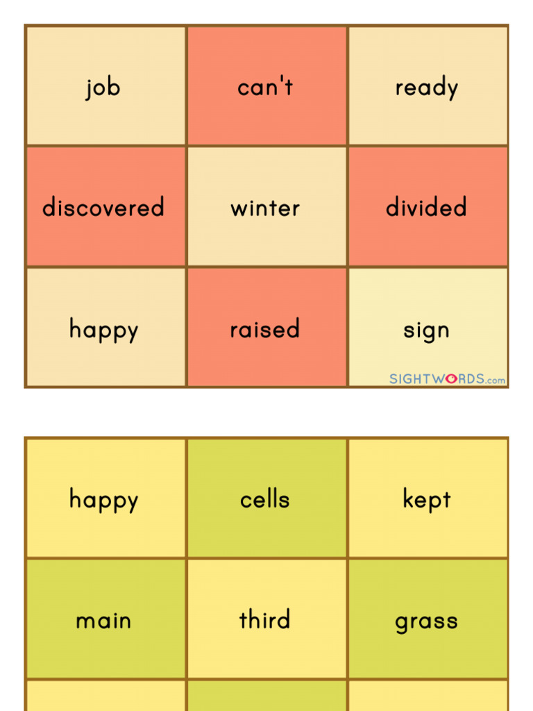 Sight Words Bingo 3x3 Fry 600 | PDF