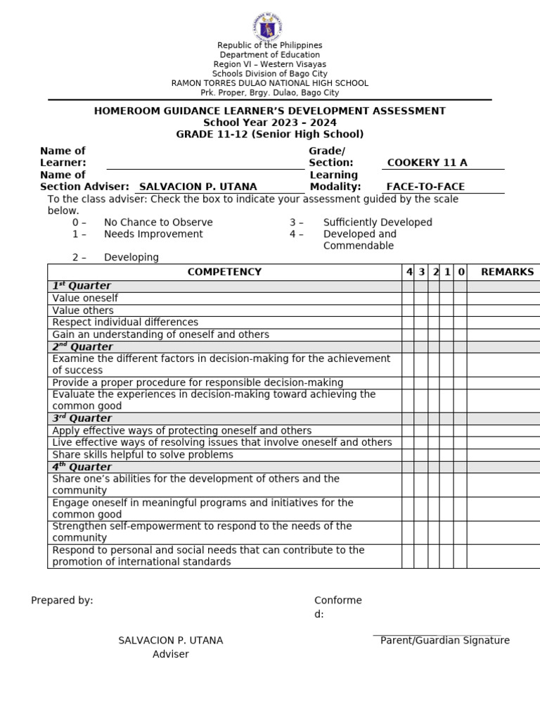 Senior High Homeroom Guidance Assessment | PDF | Learning | Wellness