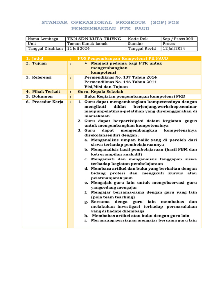 SOP Pengembangan PTK TKN KUTA TRIENG | PDF
