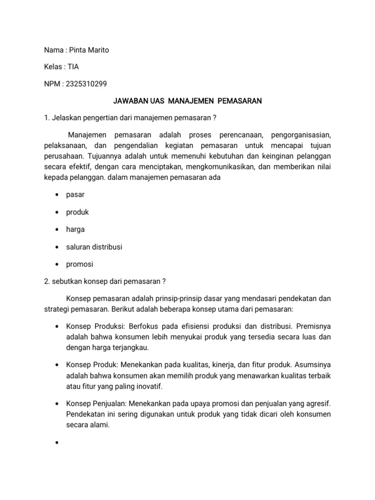 Uas Manajemen Pemasaran Pinta Marito | PDF