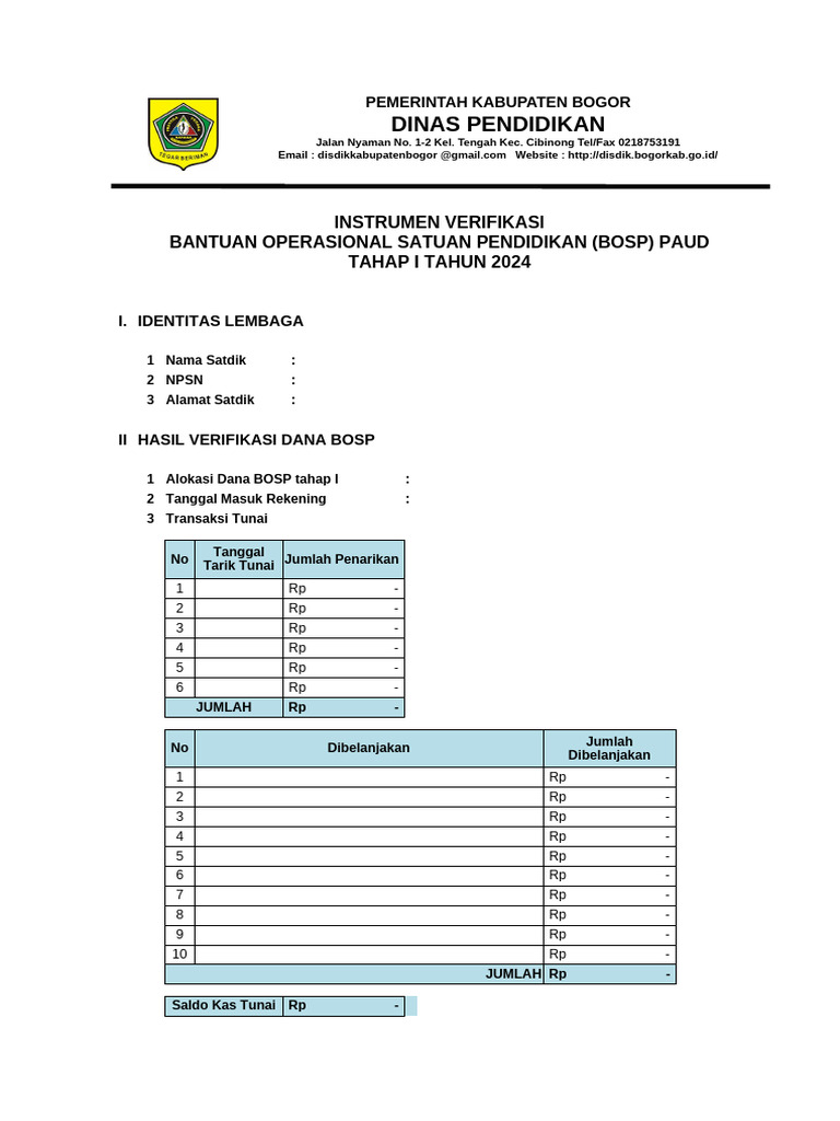 Instrumen Verifikasi Bosp Paud Tahap 1 - Rev | PDF