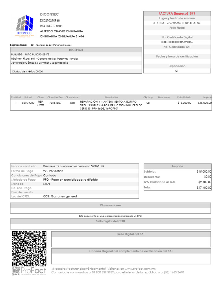 Publiseg Factura Reparación de Equipo Existente | PDF