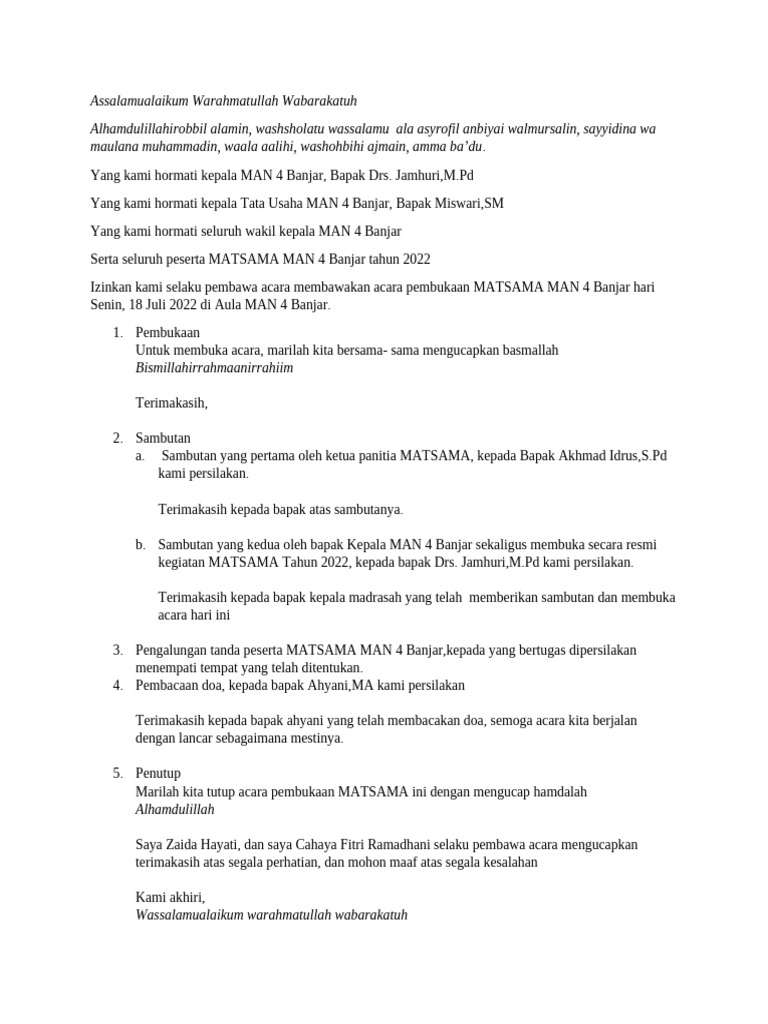 Teks MC Pembukaan MATSAMA 2022 | PDF