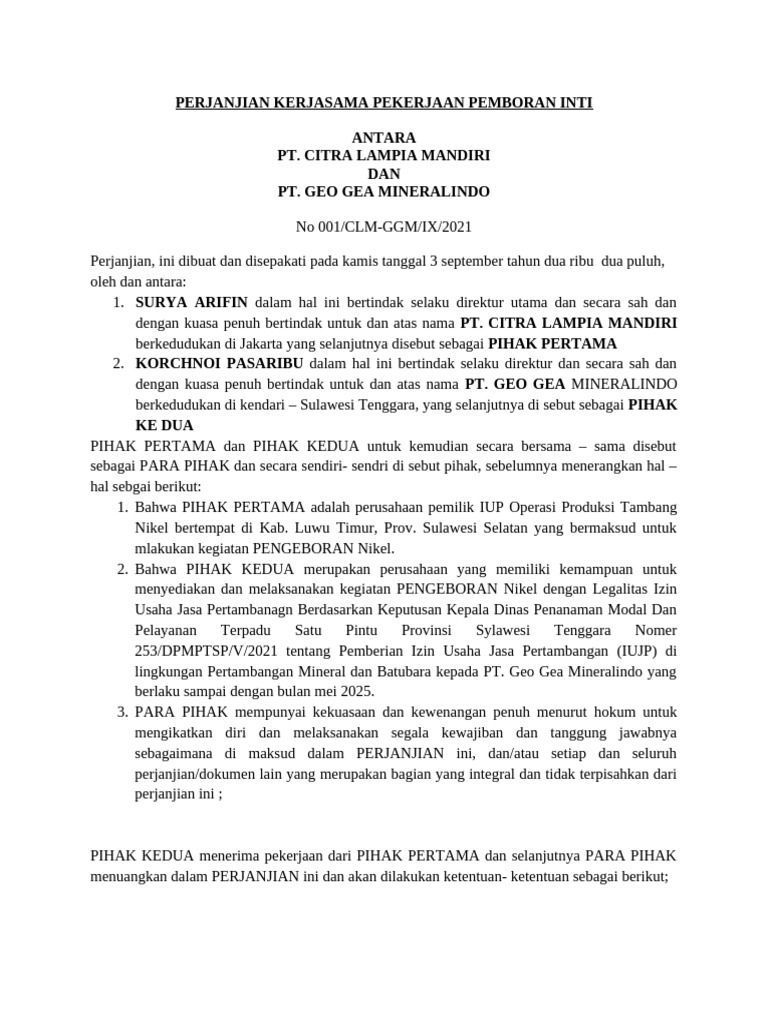 Perjanjian Kerjasama Pekerjaan Pemboran Inti | PDF