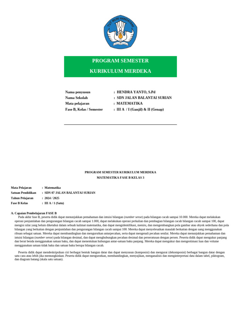 Promes Matematika Kelas 3 | PDF