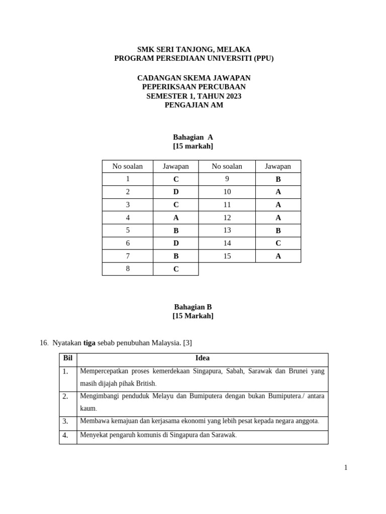 Skema Jawapan Soalan Percubaan Sem 1 STPM 2023 | PDF