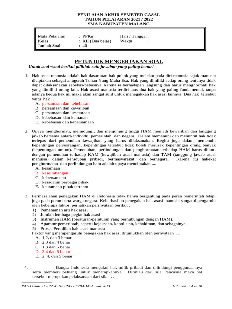 SOAL PAS PPKN KLS XII | PDF