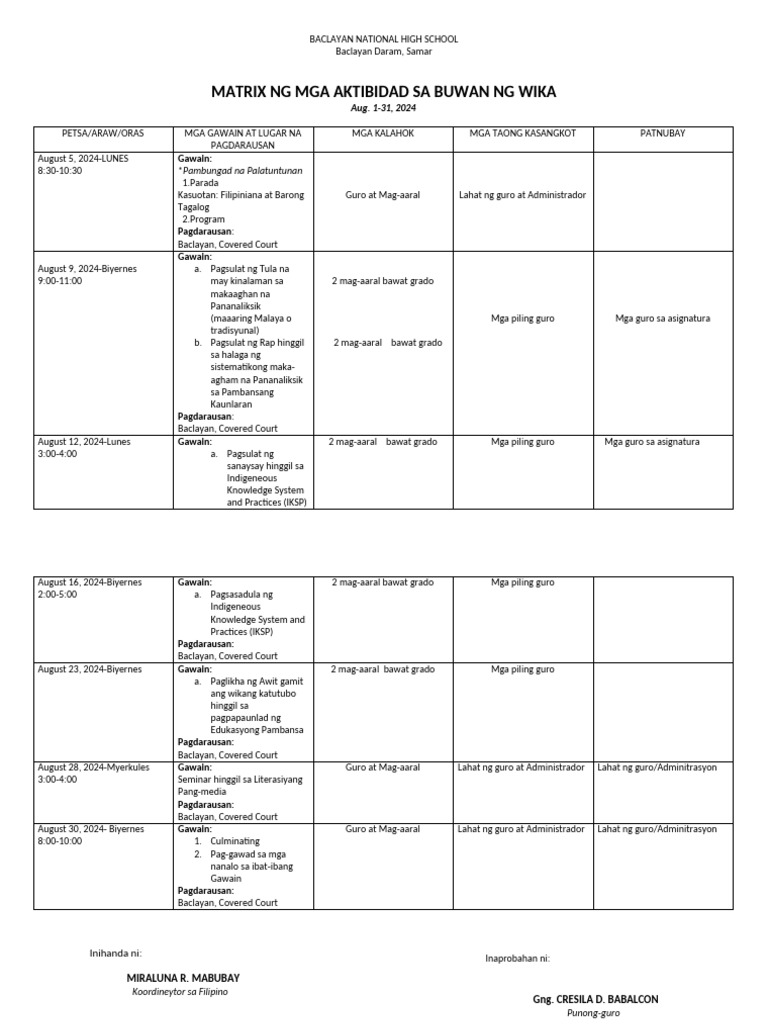 Buwan NG Wika Matrix 2024 | PDF