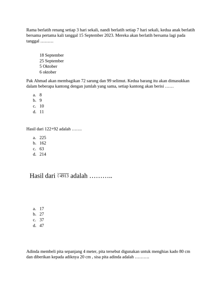 Soal MTK Kls 6 | PDF