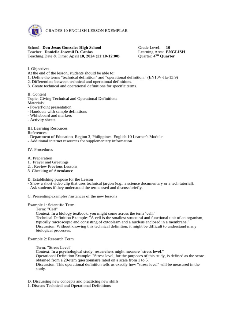 GRADES 10 ENGLISH LESSON EXEMPLAR 2 | PDF