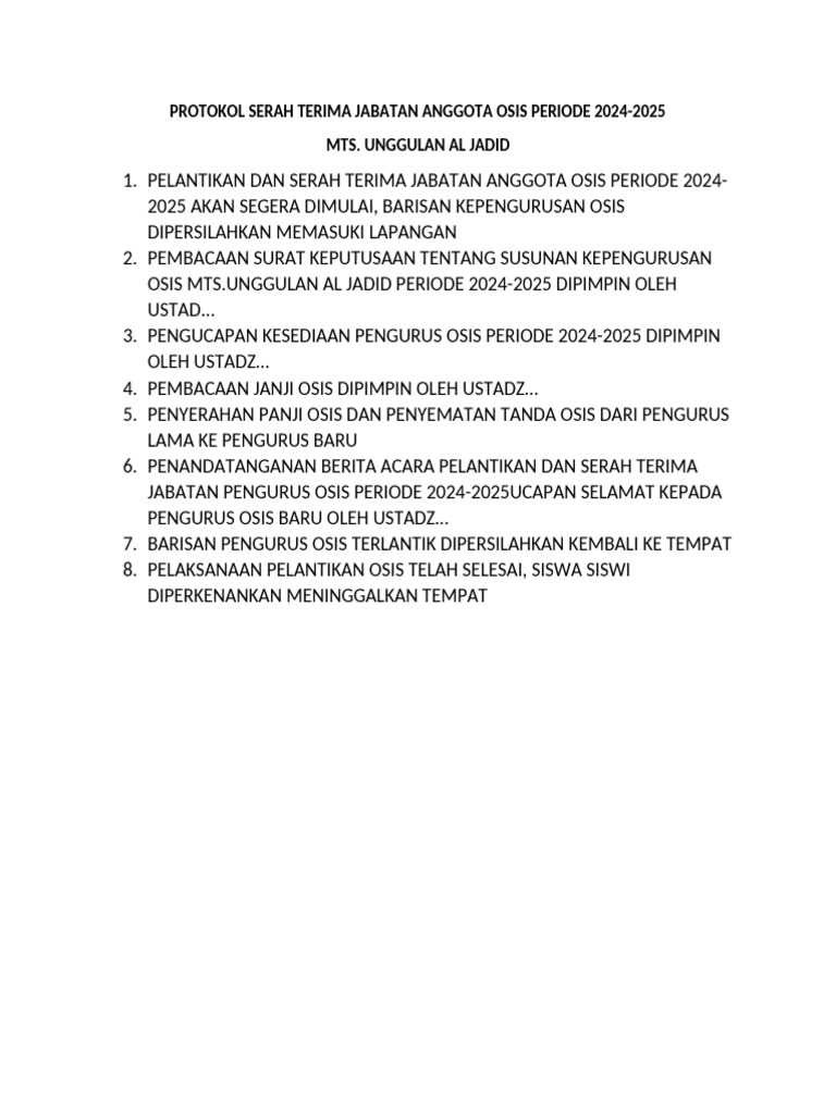 Protokol Serah Terima Jabatan Anggota Osis Periode 2024 | PDF