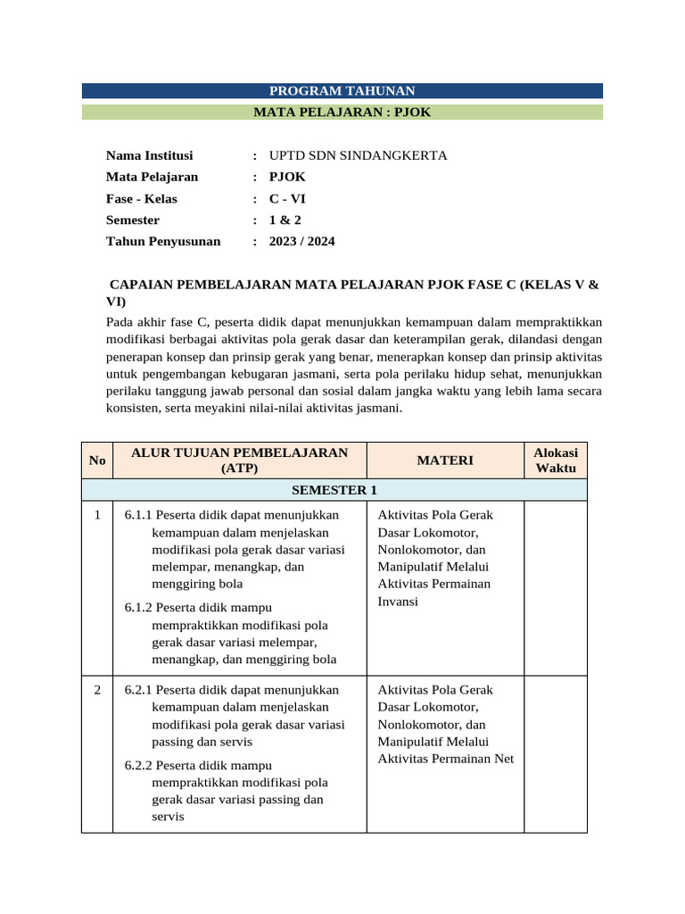 Prota Pjok Kelas 6 | PDF